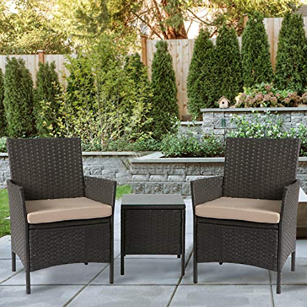 Aoxun Patio Bistro Set 3-Piece Outdoor Rattan Patio Furniture, Outdoor Bistro Set Wicker Patio Furniture with Coffee Table and Thick Cushion,Brown