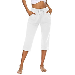 THANTH Womens Capri Yoga Pants Loose Drawstring Comfy Lounge Pajama Capris Workout Jersey Joggers Pants with Pockets White S