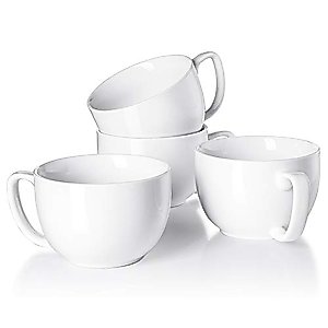 White Porcelain Jumbo Coffee Mugs Set of 4-16 Ounce Cups with Handle for Hot or Cold Drinks like Cocoa, Milk, Tea or Water - Smooth Ceramic with Modern Design