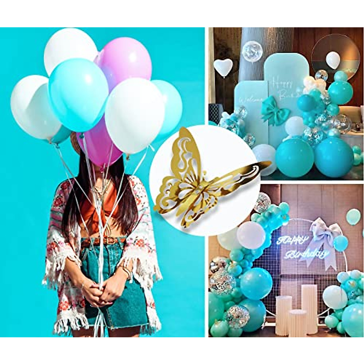 Visondeco Teal Balloons - 94pcs Teal Balloon Garland Kit with Gold Butterflies, 5 Inch 12 Inch 18 Inch Teal Balloon Arch Kit Turquoise Balloons