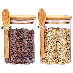Airtight Food Storage Containers, Glass Storage Canister with Wooden Spoon and Lids, 20 Oz Glass Jars with Lids,Glass Jar for Serving Bath Salt Sugar Spice Coffee Tea Cereals Condiment Food (2 set)