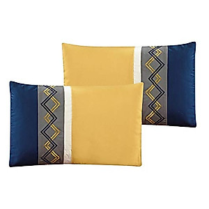 Chezmoi Collection Arden 7-Piece Modern Pleated Stripe Embroidered Zigzag Bedding Comforter Set (Queen, Navy/Gray/Yellow/White)