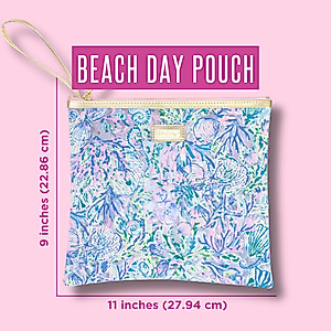 Lilly Pulitzer Water Resistant Vinyl Beach Day Pouch, Zipper Bag Includes Drink Hugger, Small Pouch, and Towel Clips, Soleil It On Me
