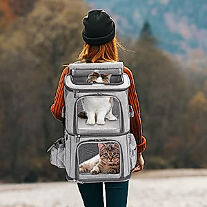 HOVONO Double-Compartment Pet Carrier Backpack for Small Cats and Dogs, Cat Travel Carrier for 2 Cats, Perfect for Traveling/Hiking/Camping, Grey