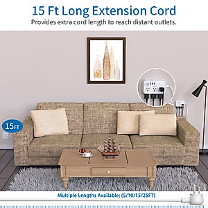 Extension Cord 10ft and 15 ft Bundle,Flat Plug Power Strip with Widely Spaced Outlets USB Ports, Wall Mount Power Strip, Long Extension Cord with Multiple Outlets for Home, Office