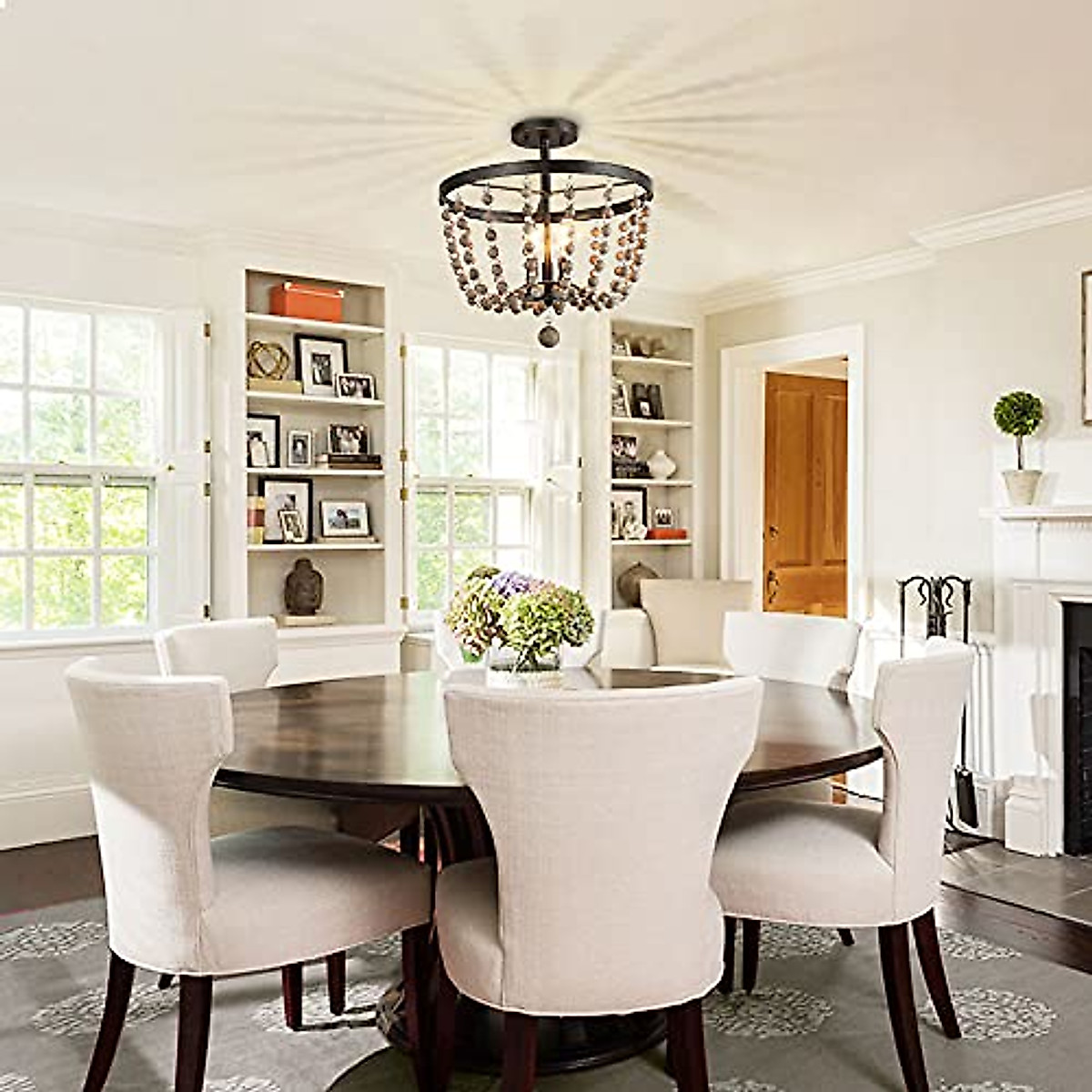 LALUZ Ceiling Light Fixture, 3-Light Boho Light Fixture, Farmhouse Wood Beaded Chandelier for Entryway, Foyer, Dark Silver Brushed, 16.1 ” D x 17.3” H