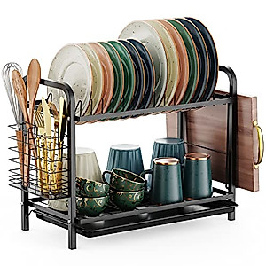 GSlife Dish Drying Rack, 2 Tier Rust-Resistant Dish Rack with Drainboard Compact Dish Drainer with Utensil Holder, Cutting Board Holder for Kitchen Counter, Black