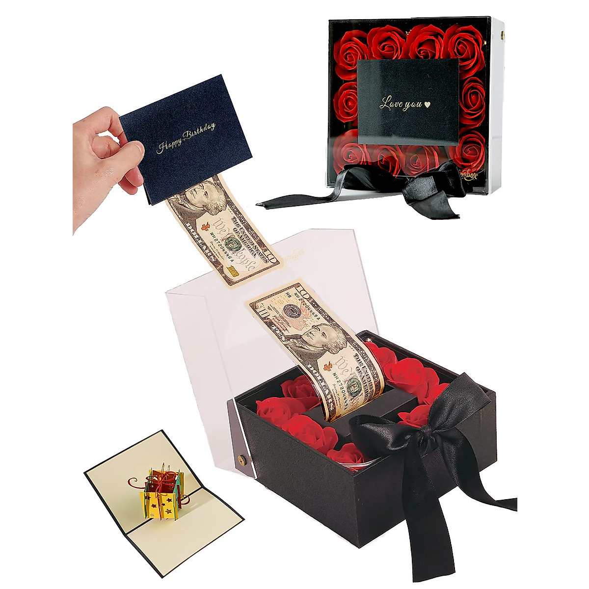 Ribbonbonbox Money Pull Out Gift Box – Luxury Flower Box wt Cash Box Insert – Unique Gift for Wife, Girlfriend, Mother, Friend – Surprise Box for Birthday, Thanksgiving, Christmas - Pranks for Adults