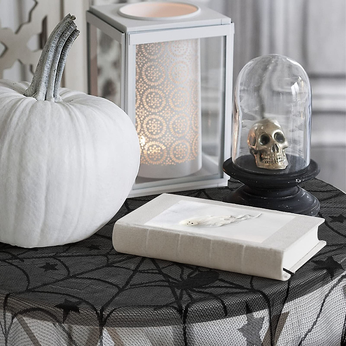 5 Pack Halloween Decorations Tablecloth Set, Black Lace Table Runner Round Spider Cobweb Table Cover Fireplace Mantel Scarf Spiderweb Lampshade with 48pcs Scary 3D Bat for Halloween Party Decor