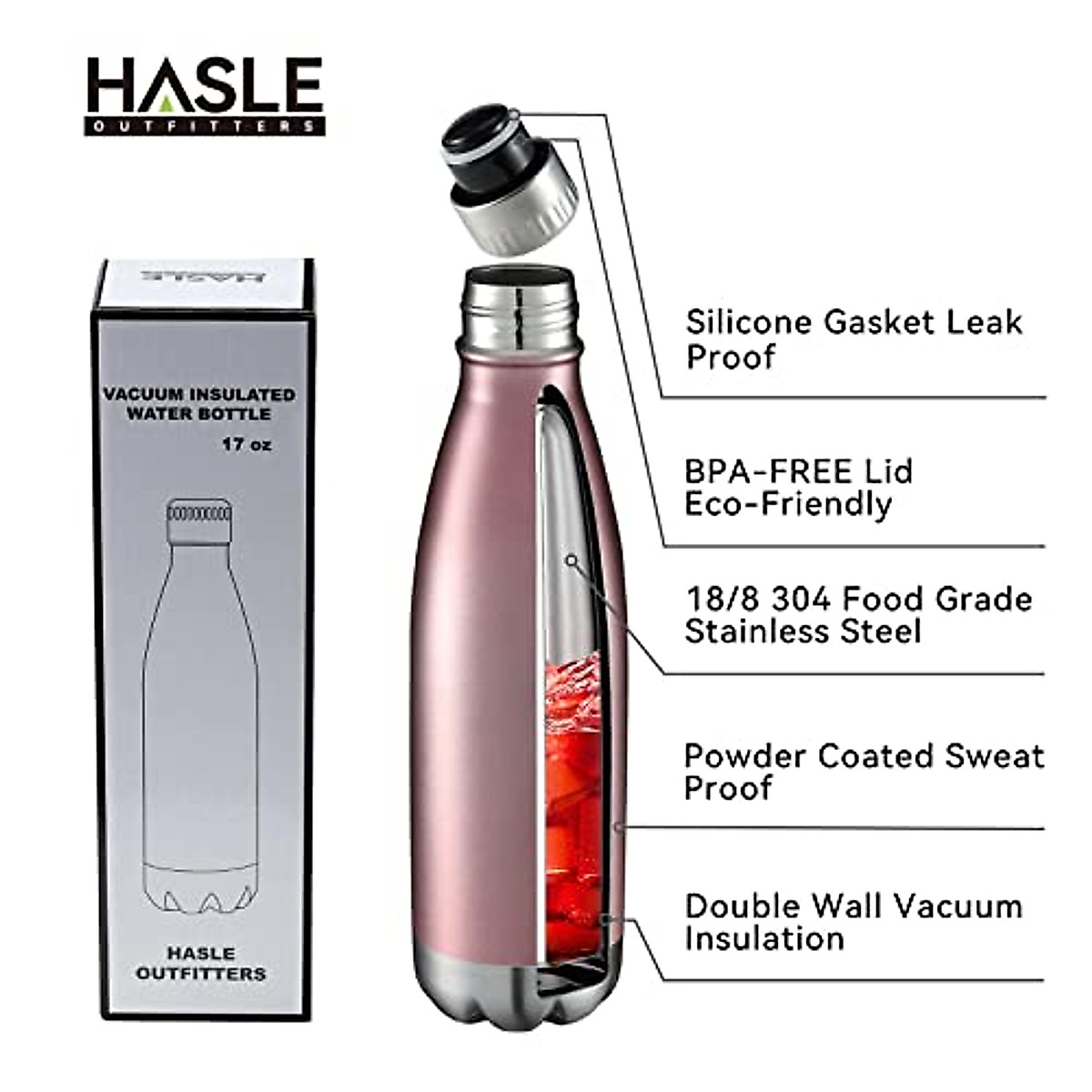 HASLE OUTFITTERS 17oz Stainless Steel Water Bottles, Vacuum Insulated Water Bottles Double Walled Reusable Metal Sports Water Bottles Keep Drinks Hot and Cold, RoseGold, 1Pack