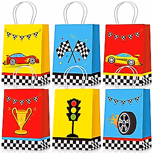 24 Pieces Race Car Party Bags Race Car Party Supplies Goodie Gift Bags Treat Bags with Handles for Checkered Flag Birthday Race Car Theme Party Decorations Boy Gifts