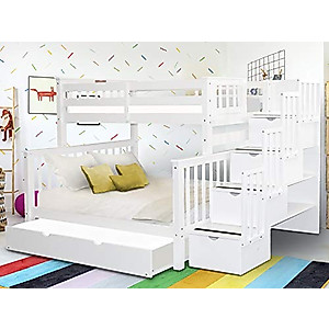 Bedz King Stairway Bunk Beds Twin over Full with 4 Drawers in the Steps and a Full Trundle, White