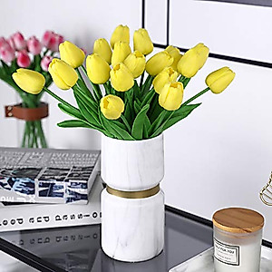 30PCS Real Touch Tulips PU Artificial Flowers, Fake Tulips Flowers for Arrangement Wedding Party Easter Spring Home Dining Room Office Decoration. (Yellow, 14" Tall)