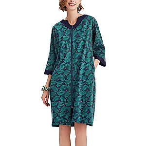Ekouaer Women Zipper Robe 3/4 Sleeve Nightgowns Lightweight Short Bathrobe with Pockets Leaf Print,L