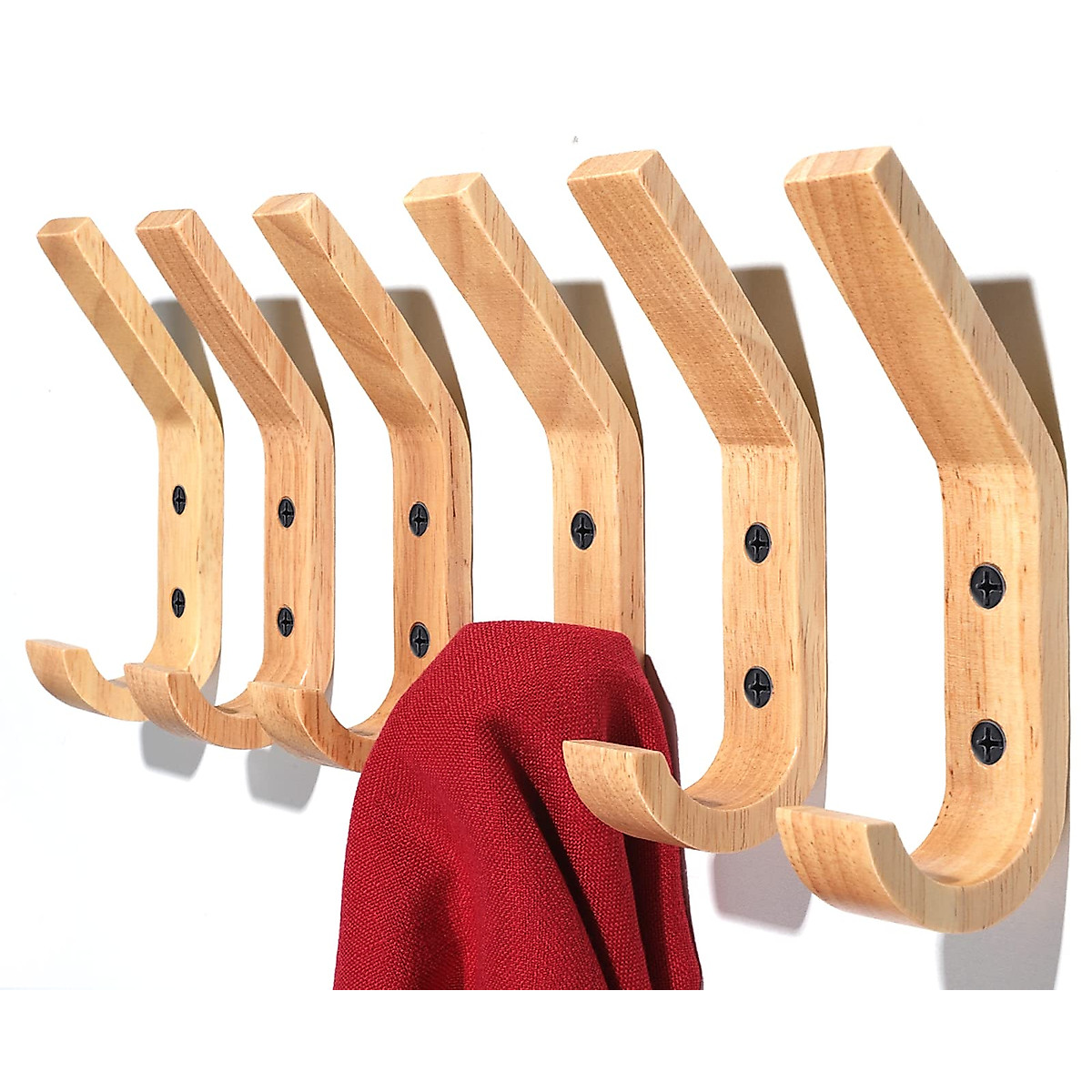HNYYZL Wooden Wall Hooks, 6 Pack Wood Hooks Wall Mounted, Modern Coat Hooks, Heavy Duty Double Hooks with Metal Black Screws, Wood Wall Hooks Organizer for Hanging Coat, Hat, Scarf, Bag, Towel