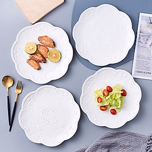 Jusalpha Embossed Lace Porcelain Plate-Dinner Plate Set, Pasta/Salad/Dessert Plate， Tableware Set for Restaurant Family Party Kitchen Use -4 Pieces, FD-PL15 (10 Inche, White)