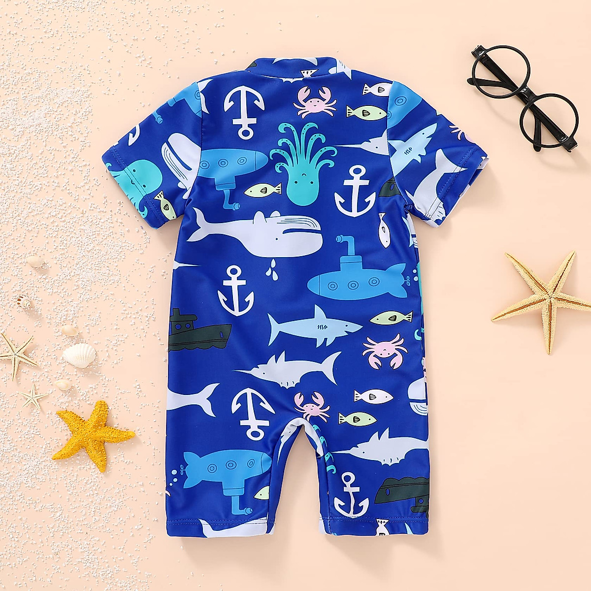 HAPPYMA Newborn Infant Baby Boys Swimsuit One-Piece Zipper Cartoon Fish Print Bodysuit Sunsuit Swimwear Bathing Suit (Blue, 0-3 Months)