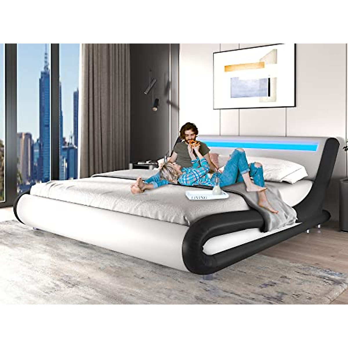 SHA CERLIN Upholstered Modern Bed Frame with LED Headboard/Mattress Foundation/No Box Spring Needed/Strong Wood Slats Support/Easy Assemble, Black and White, Queen