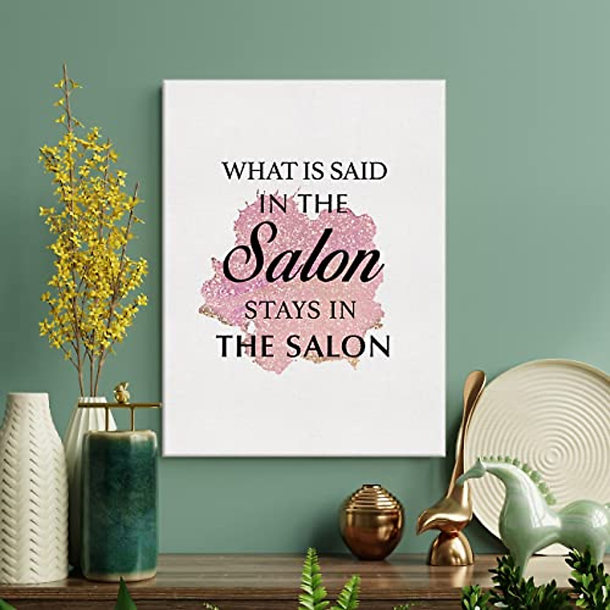LEXSIVO Pink Salon Modern Print Canvas Wall Art Home Decor What is Said in the Salon Stays in the Salon Painting 12x15 Canvas Poster Framed Ready to Hang
