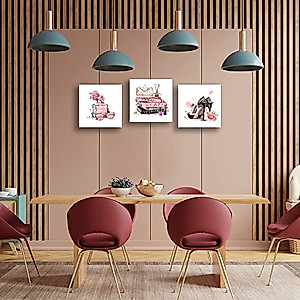 Bedroom Wall Decor Canvas Framed Artwork Perfume Cosmetics High Heels Print Picture Wall Art for Living Room Bedroom Teen Girls Room Modern Home Pink Wall Decorations Size 14x14 inch 3 Pieces