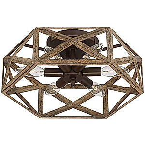 Possini Euro Design Moorcroft Rustic Farmhouse Ceiling Light Semi Flush-Mount Fixture 14 1/2" Wide Dark Wood Oil Rubbed Bronze 6-Light Open Hexagon Frame for Bedroom Kitchen Living Room Hallway