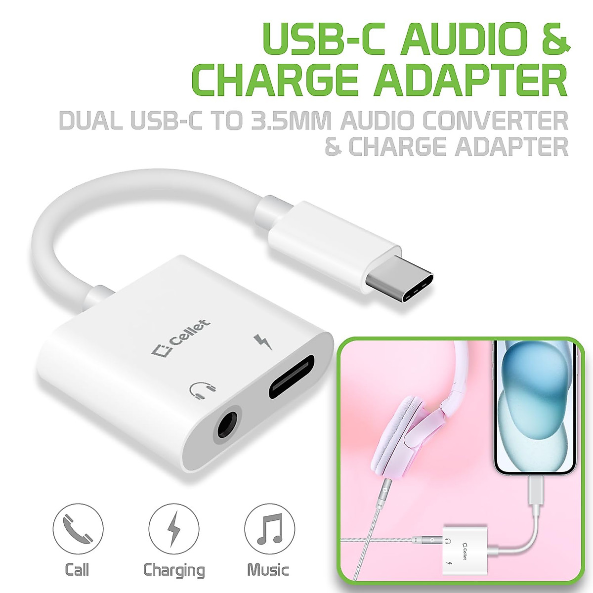 Cellet 3.5mm Aux Audio Adapter USB-C, Type-C USB Enhanced Quality Sound Compatible to iPad, iPad Pro, iPad Air, Samsung Galaxy, Google Pixels, MacBook Pro Air (USB-C to Audio & Power Adapter)