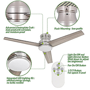 hykolity 52 inch Flush Mount Ceiling Fan with LED Lights(3000K/4000K/5000K) Remote Control, Noiseless Reversible Motor, Low Profile Ceiling Fan, 3 Speed, ETL, DOE, CEC Listed, Brushed Nickel