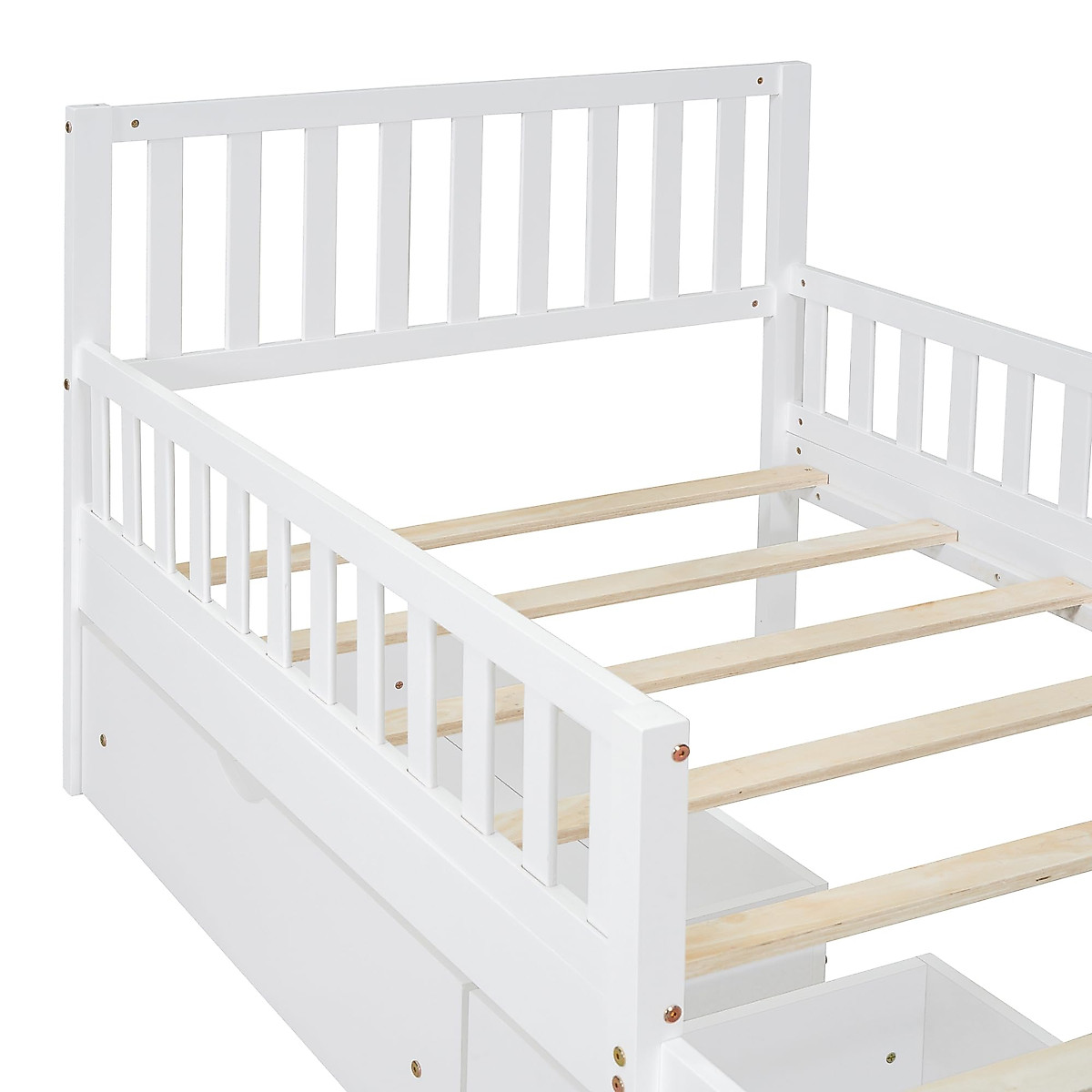 NCKMYB Kids Twin Bed with Guardrails, Low Platform Bed with Headboard and Footboard, White Children Bed Frame with 2 Drawers for Boy Girl