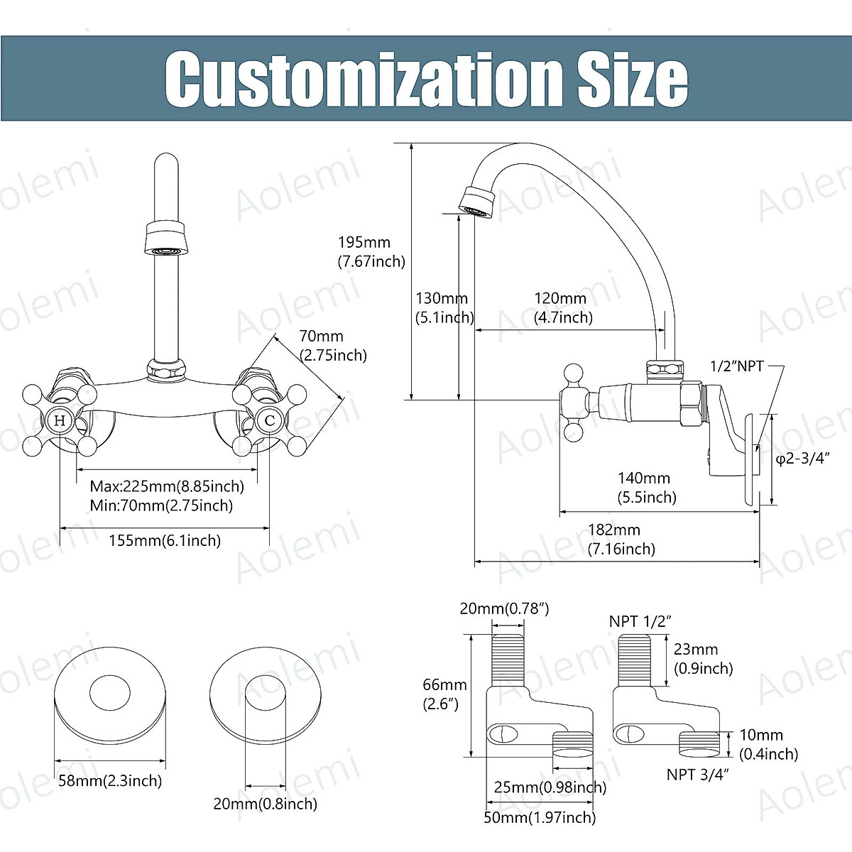 Aolemi Wall Mount Kitchen Faucet 6 Inch Center with Swivel Spout Adjustable Spread 2 Cross Handle Basin Sink Mixer Tap, Matte Black, H&C Label