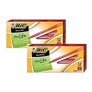 2 Pack of 12 BIC Round Stic Xtra Life Ball Pen, Red Medium Point (1.0 mm)
