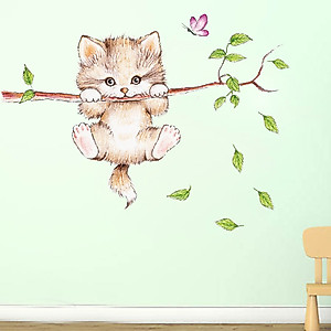 Cartoon Cute Cat On The Tree Branches Wall Decals Removable Kitty Wall Stickers Decor Girls Bedroom Decal Kids Nursery Sticker Bathroom Wall Art Decoration Kitty Decals Cats Wall Sticker