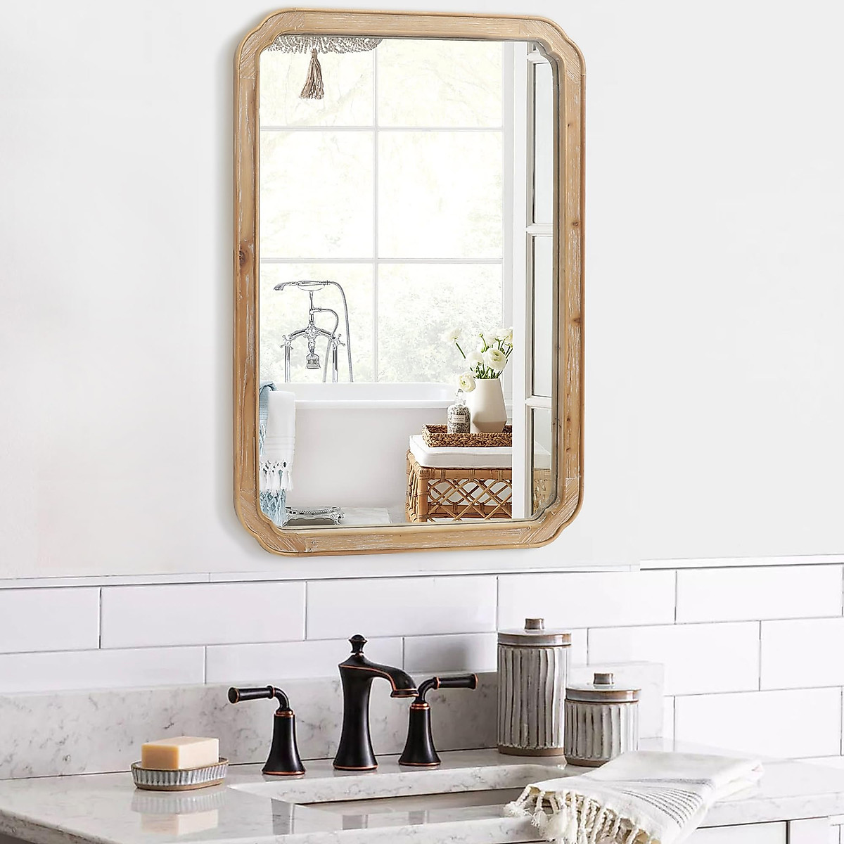 Wood Farmhouse Mirror, 24" x 36" Wall Mounted Ractangle Rustic Mirror for Foyer, Living Room, Bedroom, Bathroom