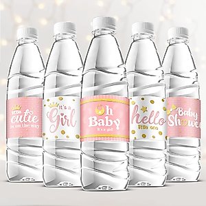 80 Pieces Baby Shower Water Bottle Labels Shower Water Bottle Stickers Wrappers Waterproof Baby Shower Labels for Baby Shower Party Decoration (Pink Girl Style)