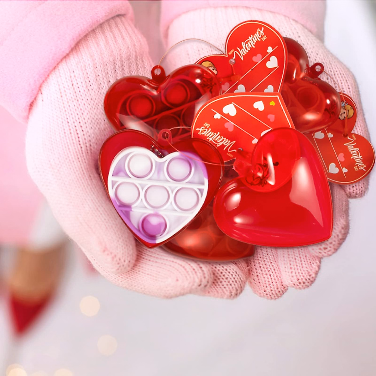 Prefilled Heart Pop Heart Fidget Toys with Cards for Kids - 12 Pack Mini Heart Pop Bubble Sensory Toys Bulk with Keychain Toddlers Girls Boys Exchange Birthday Gifts for Party Favors Supplies