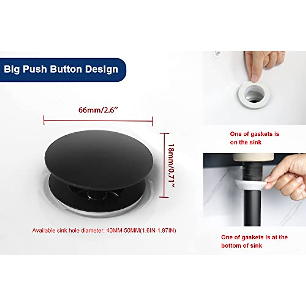 NearMoon Bathroom Sink Drain Without Overflow, 304 Stainless Steel Pop up Drain with Detachable Strainer Basket, Anti-Clogging Hair Catcher Assembly Stopper Vessel Sink (Matte Black)