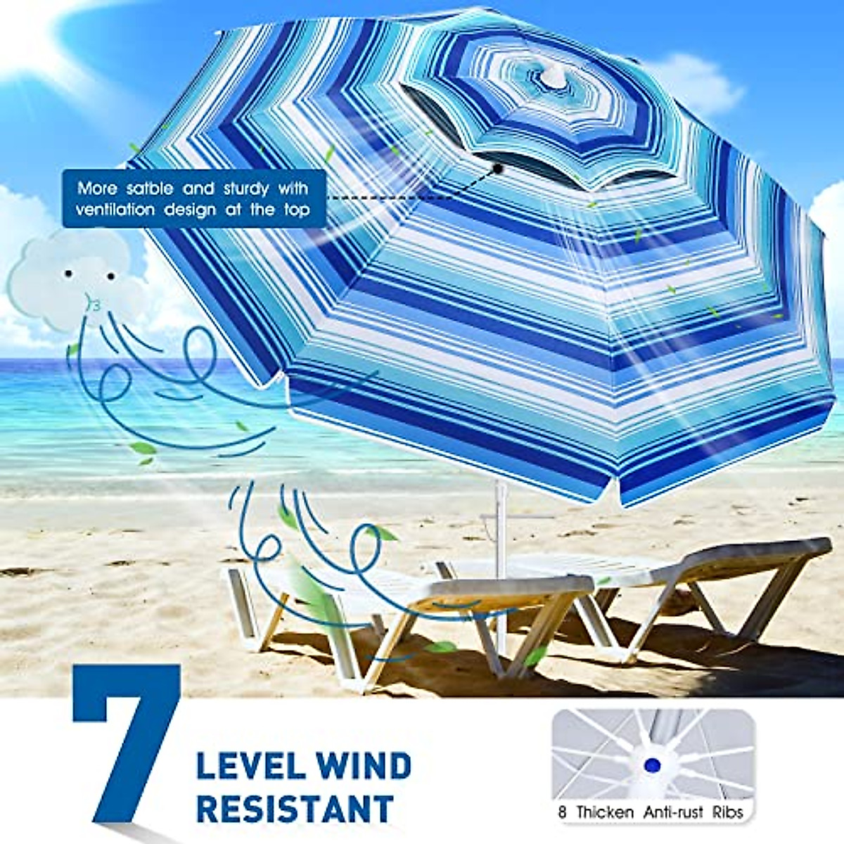 Beach Umbrella for Sand Wind Portable: 7FT Arc Length 6.5FT Diameter Heavy Duty Wind Resistant Striped Large Umbrellas UV 50+ Parasol with Anchor Screw Adjustable Height Tilting Pole 8 Ribs Carry Bag Lightweight