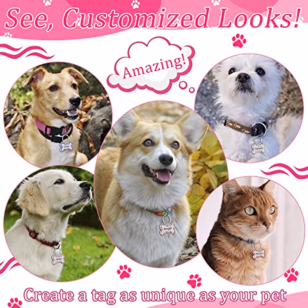 Natiform Engraved Pet Tag for Dogs and Cats, Two Sided Personalized ID Tag, Personalized with 4 Lines of Custom Engraved ID, Cute Glitter Pet Tag(White)