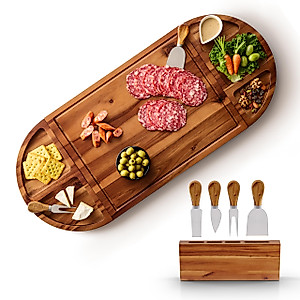 30 inch Large Acacia Wood Charcuterie Board with 4 Knives Set, Magnetic - 3 Parts Wooden Round Tray for Cheese - Long Appetizer Board for Serving Food Platter Cracker Snack