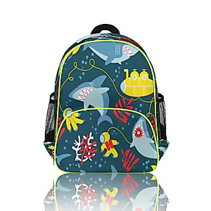 Shark Backpack for Boys, Ocean Kids Backpack, Shark Diver Submarine Coral Toddler Backpack Waterproof Casual Daypack Preschool Kindergarten Backpack School Bookbag with Chest Strap for School Travel