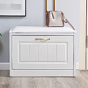 SoOSSN Leather Upholstered Entryway Bench Seat Shoe Storage Organizer,Modern Home Shoe Bench with Hidden Shoe Shelf,Premium Shoe Cabinet Shoe Rack Bench (Color : White, Size : 26x12x18inch)