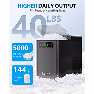 Aeitto Nugget Ice Maker 40Lbs/24H, Countertop Soft Chewable Ice Pebble Ice Machine, One-Click Operation, Auto Self-Cleaning Ice Makers with Scoop&Basket for Home, Office, Kitchen, Party (Black)