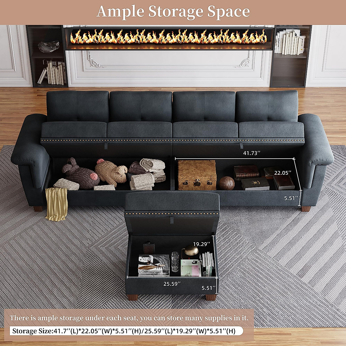 JAMFLY Sectional Couches for Living Room L Shaped Couch with Storage, 4-Seat Convertible Sectional Sofa Couch with Ottoman, Living Room Furniture Sets with Cup Holders, Dark Gray