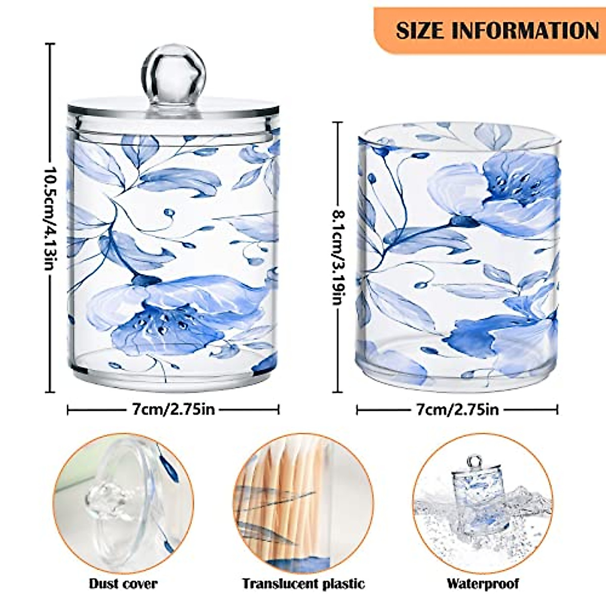 Kigai Blue Flowers Qtip Holder - 14OZ Clear Plastic Apothecary Jars Bathroom Canister Dispenser Organizer Vanity Storage Jar with Lid for Cotton Ball, Cotton Swab, Floss (2PACK)