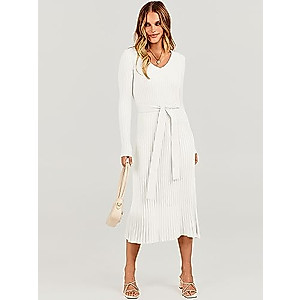 ANRABESS Sweater Dresses for Women 2023 Fall Long Sleeve Ribbed Knit V Neck Tight Tie Waist Cute Comfy Holiday Warm Winter Midi Bodycon Dress with Belt 994mibai-M White