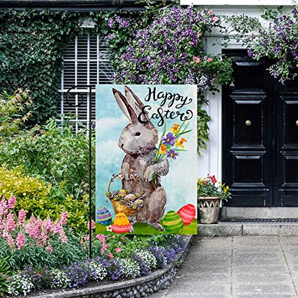 Easter Garden Flag Double Sided Burlap Decorative Happy Easter Bunny Flowers Holiday Easter Decor for Outside Yard Outdoor Farmhouse Easter Decorations (12x18 inch)