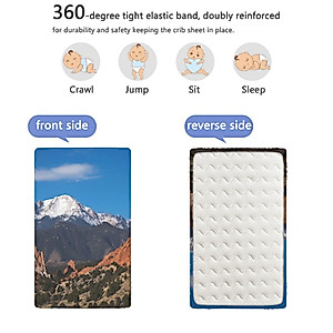 Snow Mountain sceneryr Themed Fitted Mini Crib Sheets,Portable Mini Crib Sheets Soft & Stretchy Fitted Crib Sheet-Crib Mattress Sheet or Toddler Bed Sheet,24“ x38“,Blue Evergreen Pale Rust