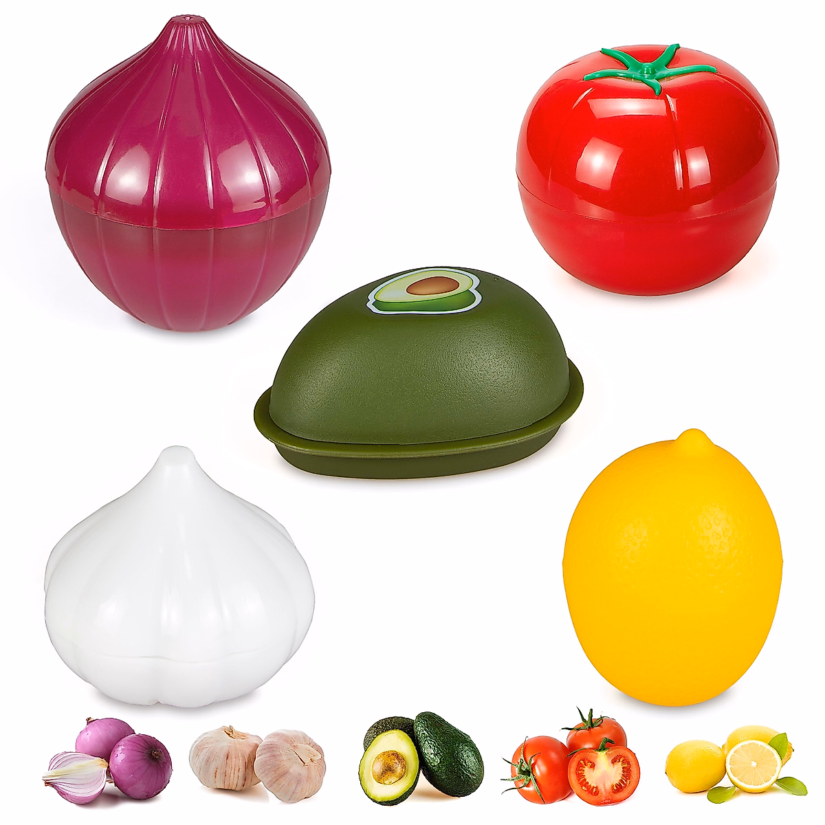 PIVNASY Vegetable and Fruit Storage Containers for Refrigerator, Lemon Tomato Garlic Avocado and Onion Storage, Food Storage Containers with Lids, Pack of 5