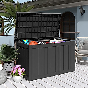 Flamaker 230 Gallon XXL Resin Deck Box Outdoor Waterproof Storage Box Loackable Bench for Patio Furniture Cushions, Toys and Garden Tools (Black)
