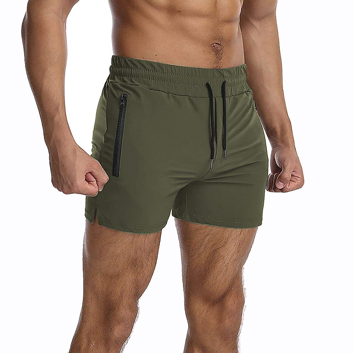 EVERWORTH Men's Bodybuilding Gym Shorts Lightweight Workout Running Short Fitted Quick Dry Lifting Shorts with Zipper Pockets Green XL