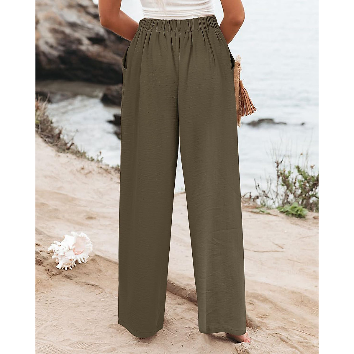 Angerella Pants for Women High Waisted Wide Leg Pants Casual Elastic Waist Palazzo Pants with Pockets Army XL